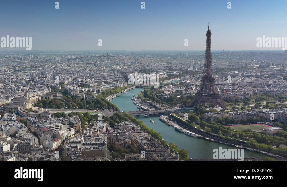 paris city center tower riverside bay sunny day aerial panorama 4k ...