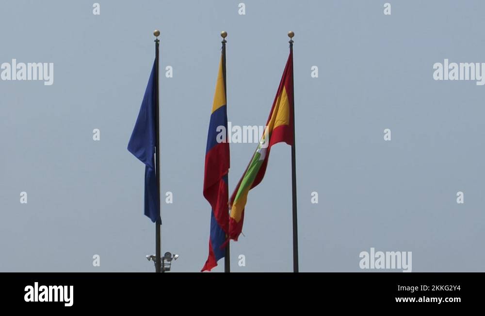 Flags of Cartagena de Indias and Colombia flag in Parque de la Marina ...