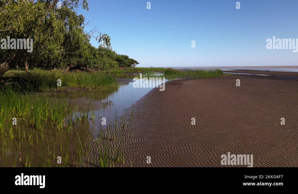 Low forward aerial of shallow water and sandy swamp by Rio de la Plata ...