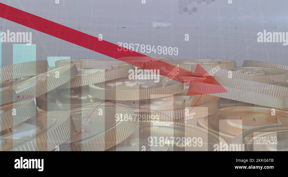Animation of numbers changing and data processing red arrow pointing down over Stock Video ...