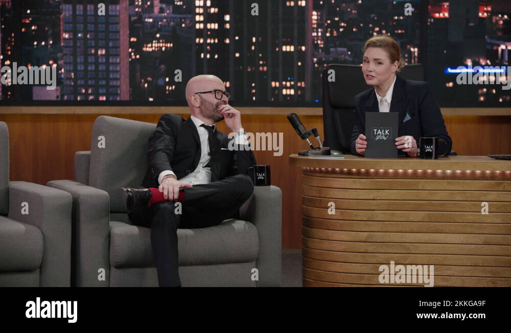 Late-night talk show female host having a conversation with celebrity ...