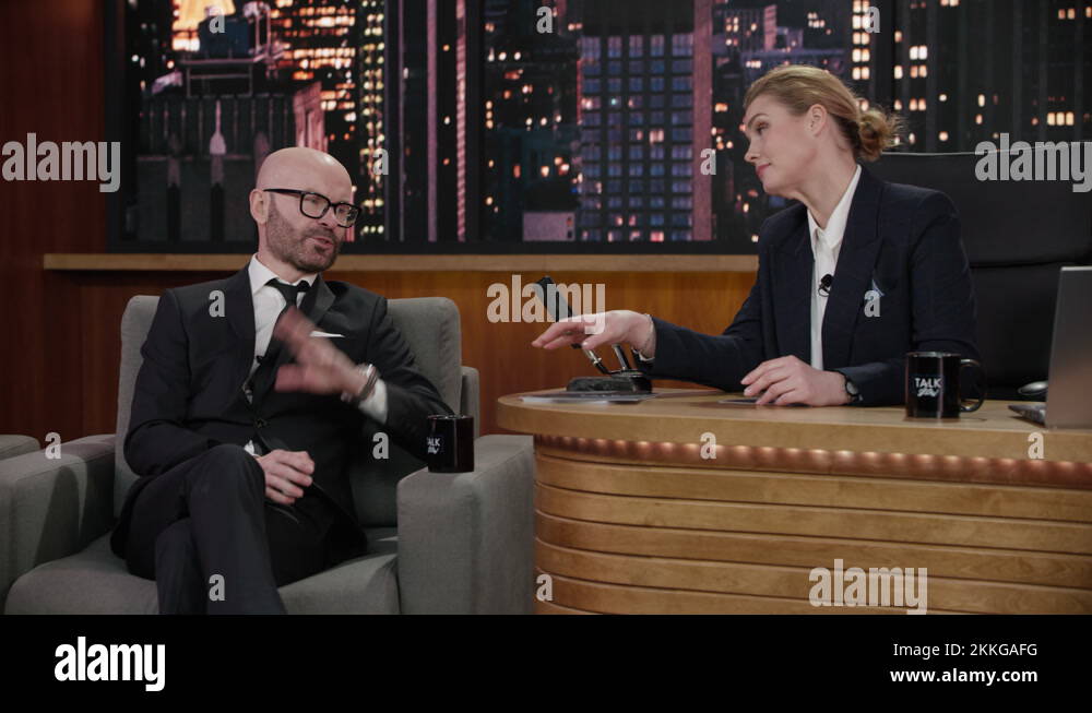 Late-night talk show female host having a conversation with celebrity ...