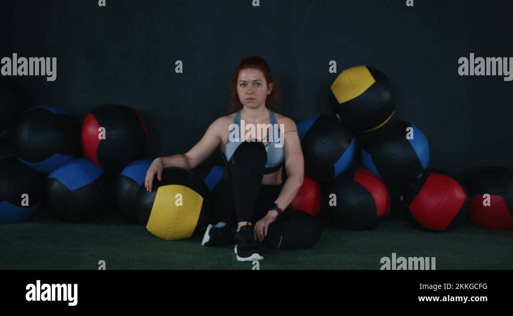 Girl power concept. Zoom in portrait of young beautiful female athlete ...