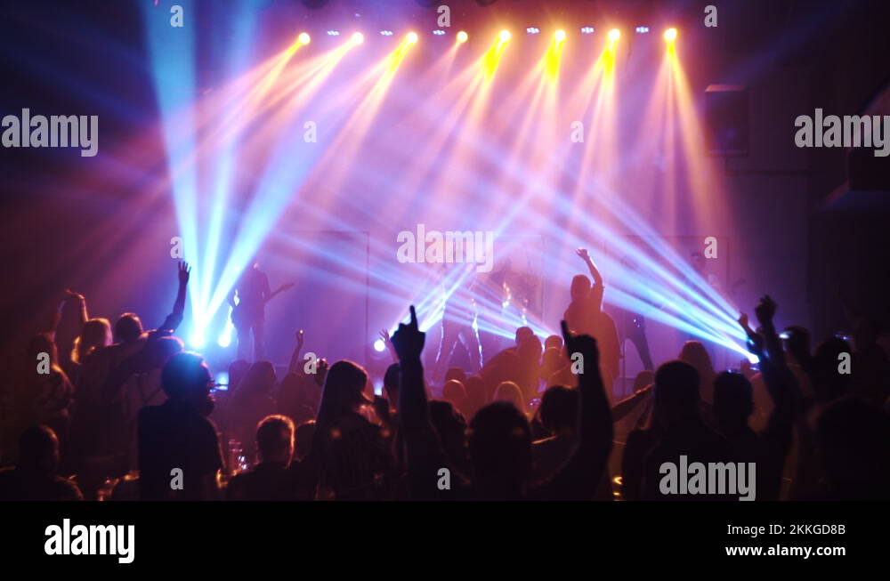 Musicians perfoming live on music festival stage at night with crowd ...
