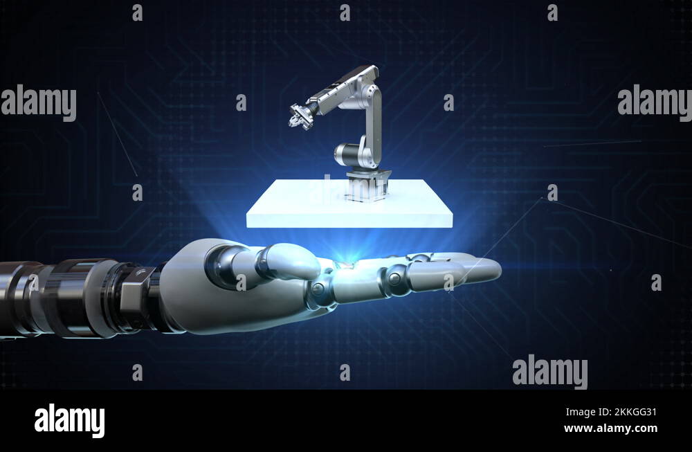 The robot arm spreads its palm, the factory robot arm rotates and ...