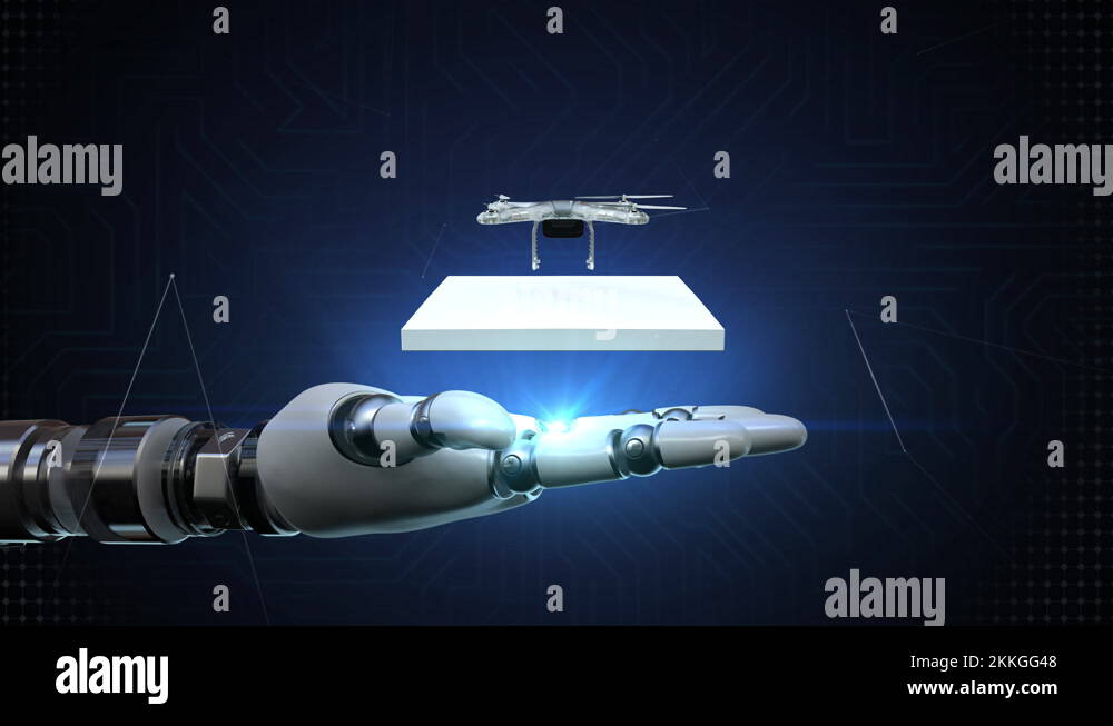 The robot arm spreads its palm, autonomous flying drone rotates. 4k ...