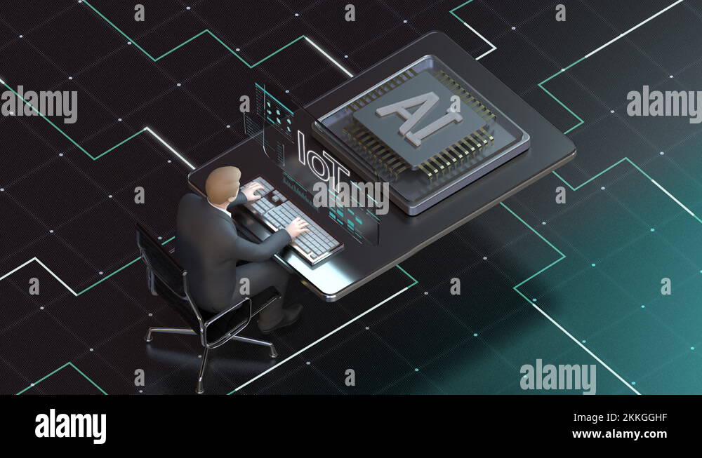 Businessman operates Artificial Intelligence cpu chip at a desk UI ...