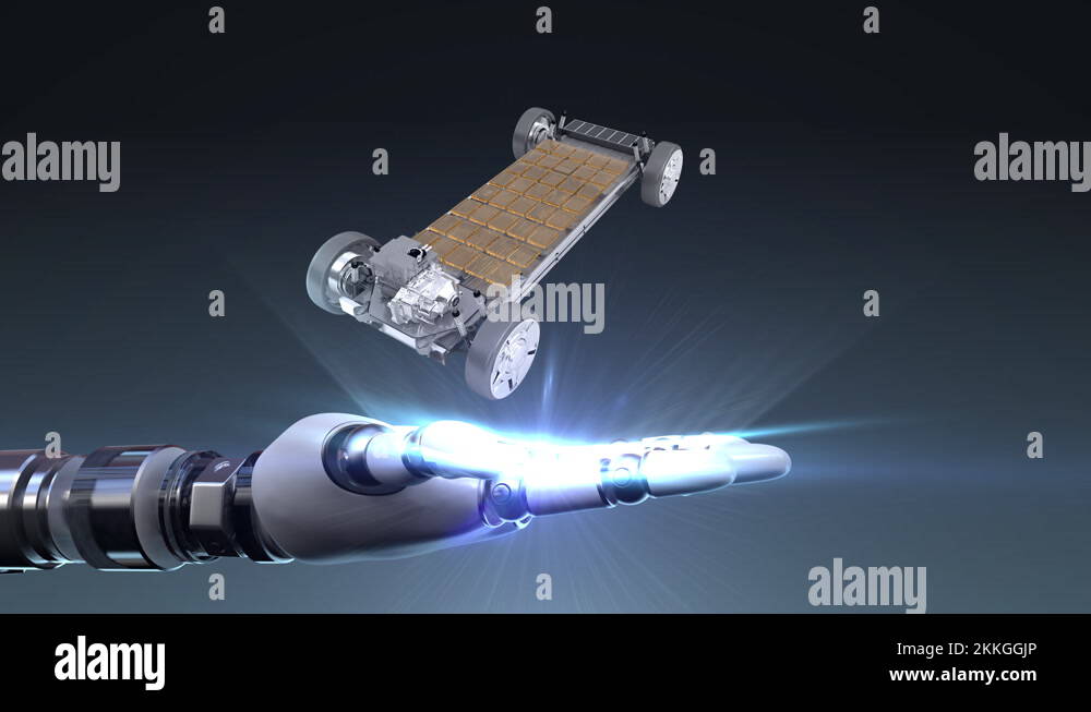 The robot arm spreads its palm, battery cell car frame rotates and ...