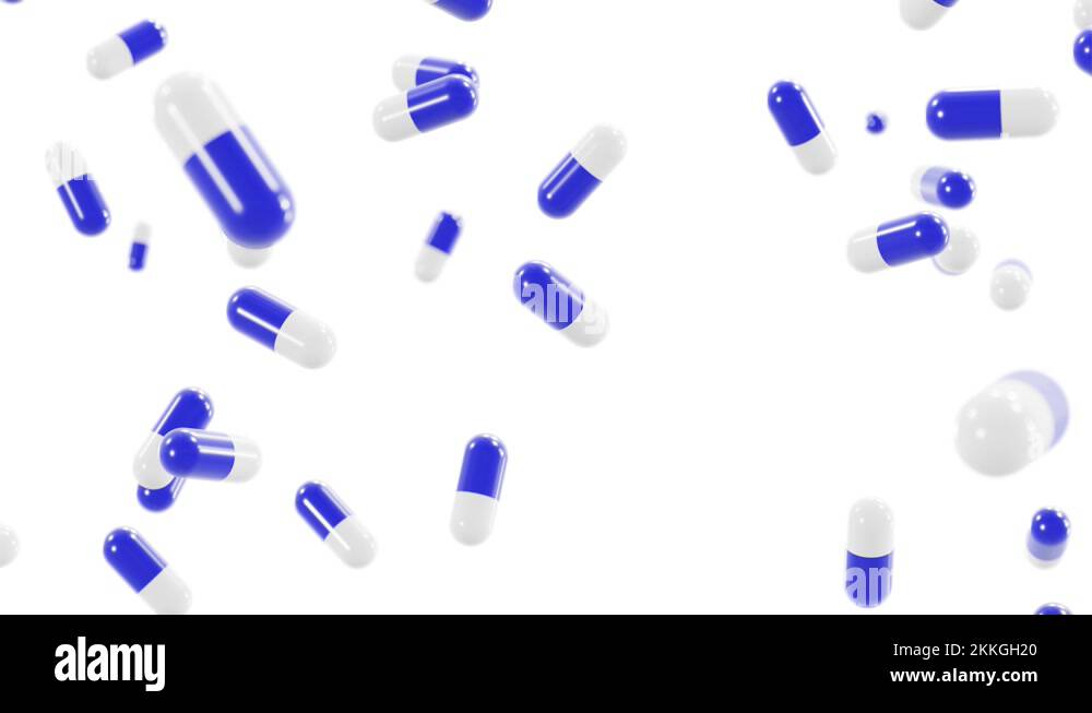 3D animation of the falling blue and white medicine pills rendered in ...