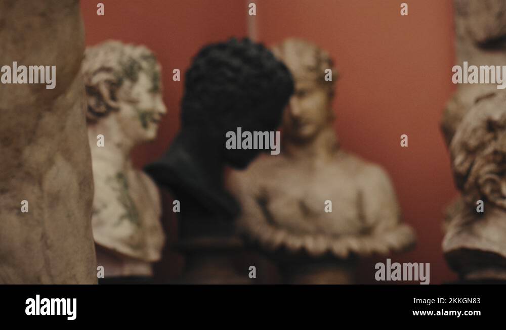 Multiple ancient antique black and white male and female statues in a ...