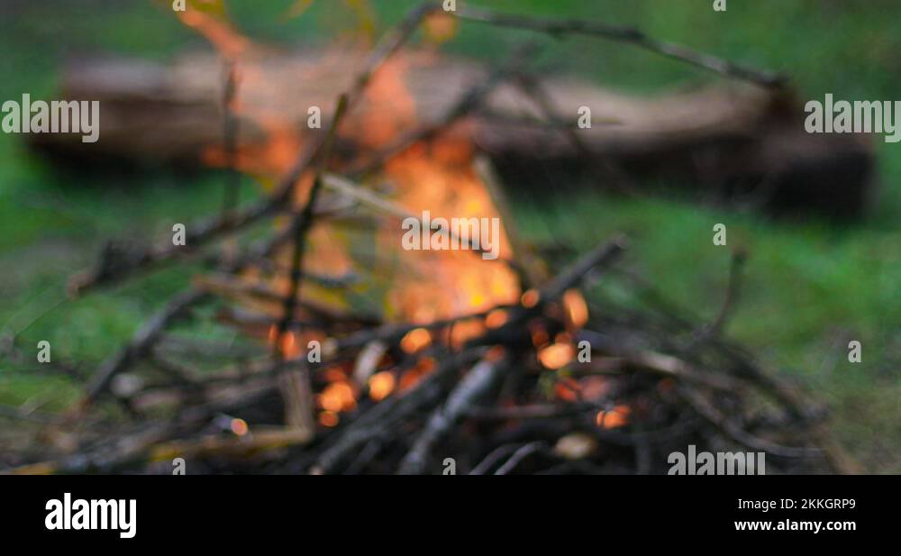 Adding more wood to the fire. Blurred background video of a burning ...