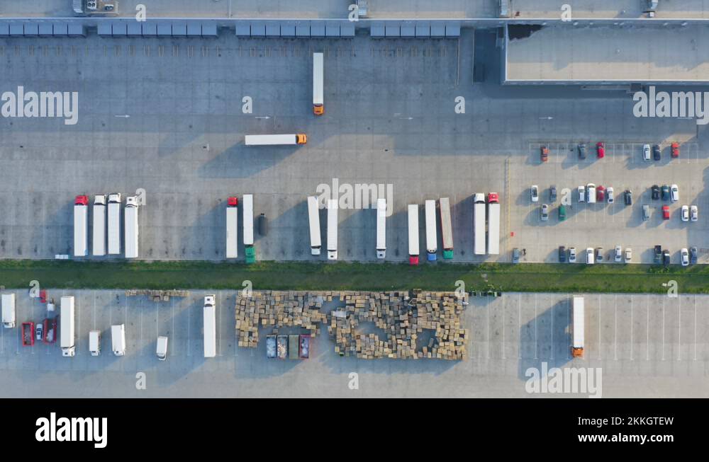 Logistics park with a loading hub. Semi-trailers trucks stand at ...