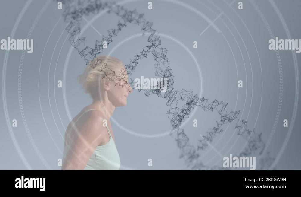Animation of 3d dna strand spinning over scope scanning and woman ...