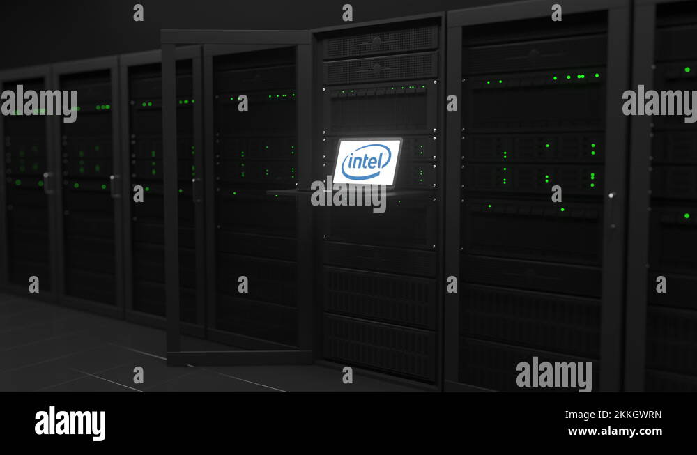 INTEL logo on the screen in a modern server room. Conceptual editorial ...