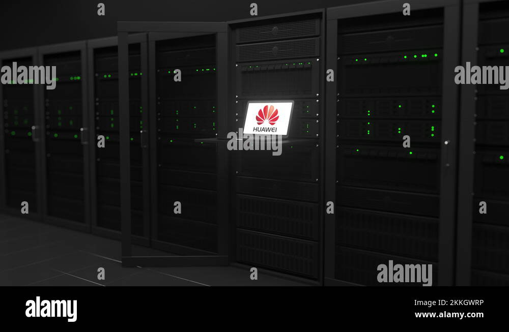 HUAWEI logo on the screen in a modern server room. Conceptual editorial ...