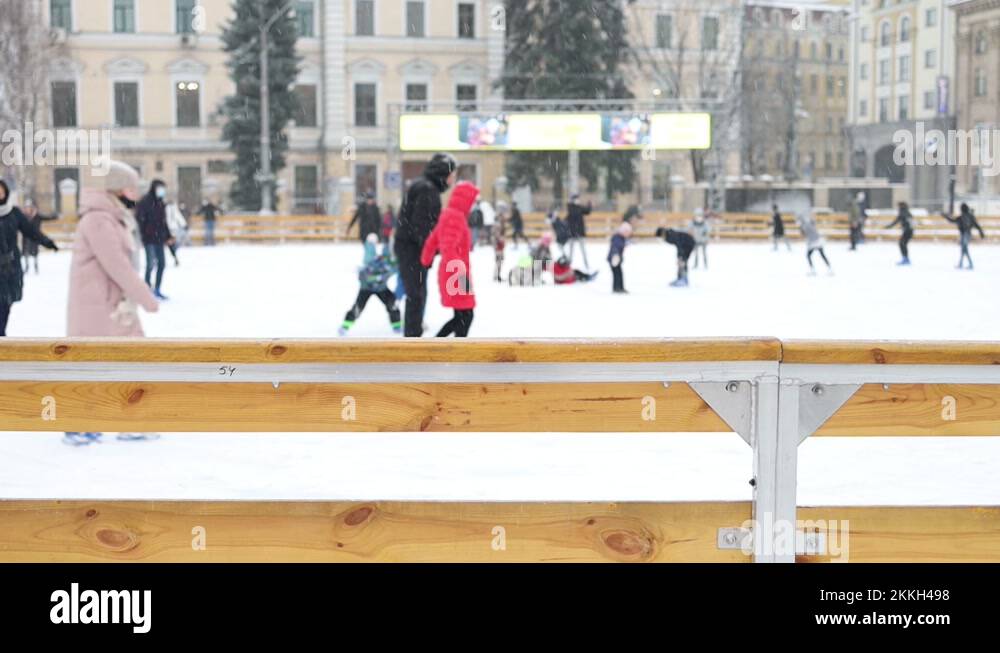 People Skating At Outdoor Rink In Front Of City Hall In Ukraine Stock ...