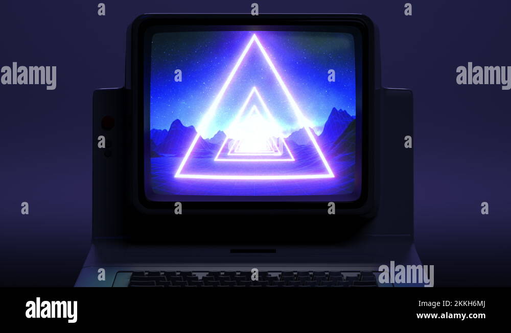 Retro wave style animation displayed on vintage computer screen. VHS ...