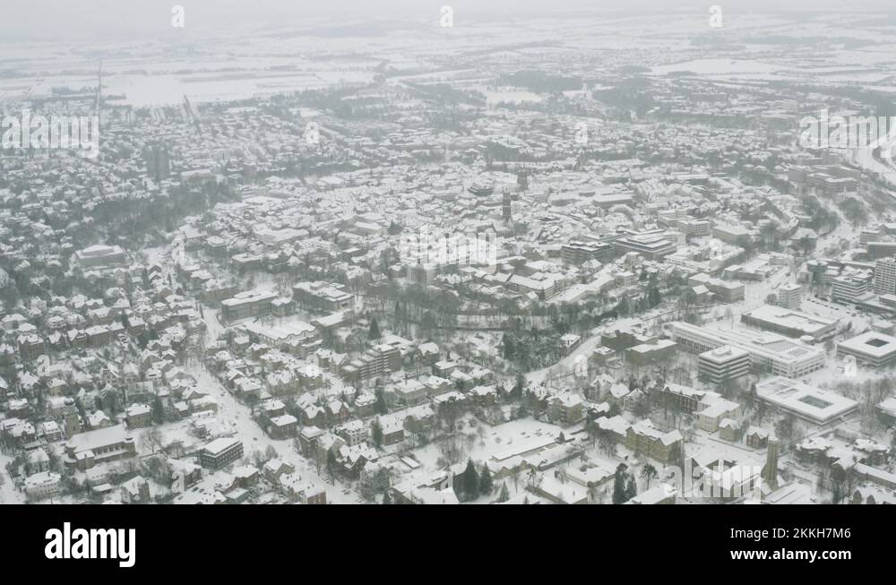 Drone Aerial of the university city Göttingen after snow storm tristan ...