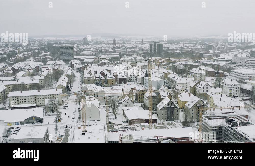 Drone Aerial of the university city Göttingen after snow storm tristan ...