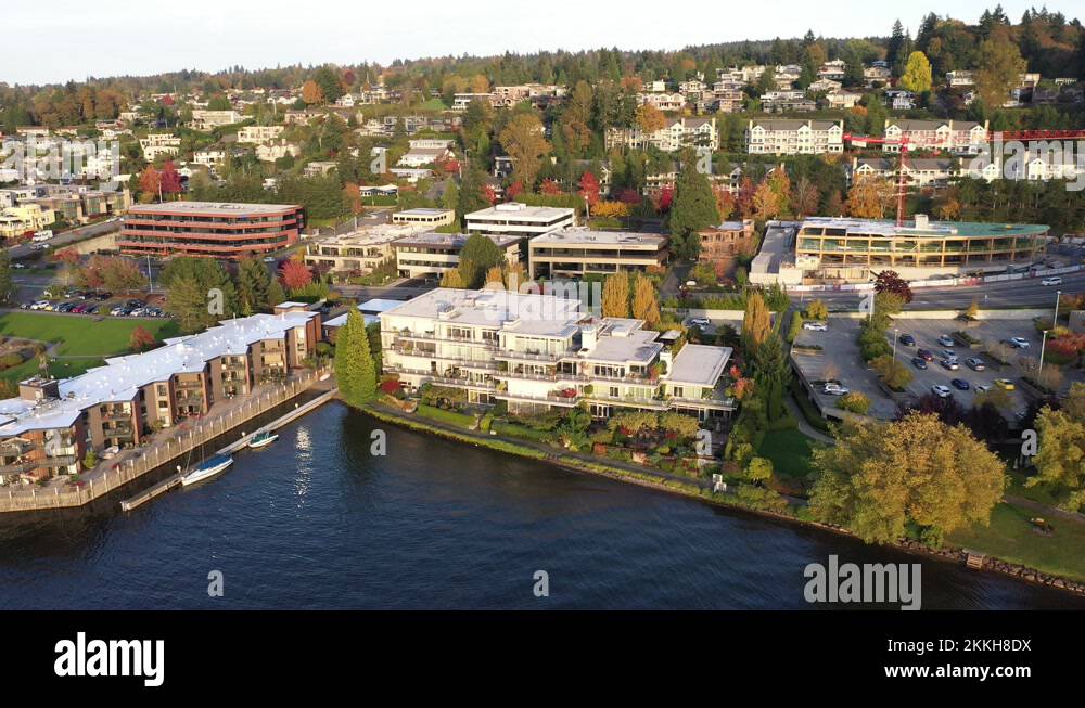 Cinematic orbiting drone footage of Kirkland, waterfront, Moss Bay ...