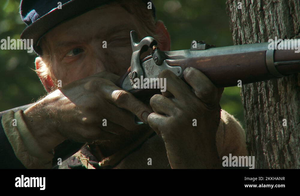 Civil War Union Soldier Re-enactor FIRES his Springfield rifle musket ...