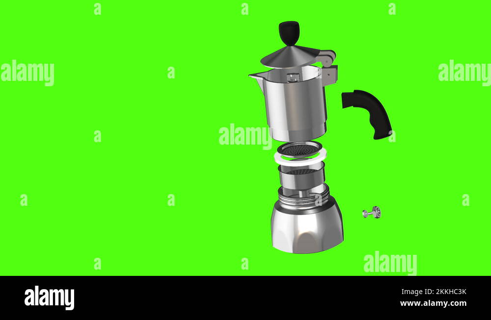 Moka pot espresso coffee maker. Silver color object, green screen ...