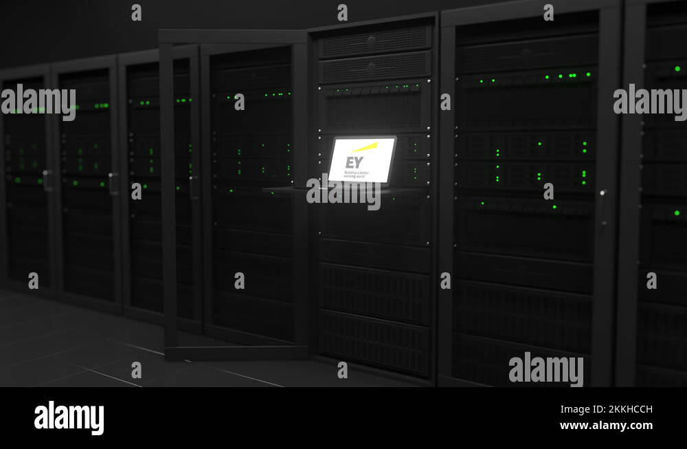EY logo on the screen in a modern server room. Conceptual editorial 3d ...