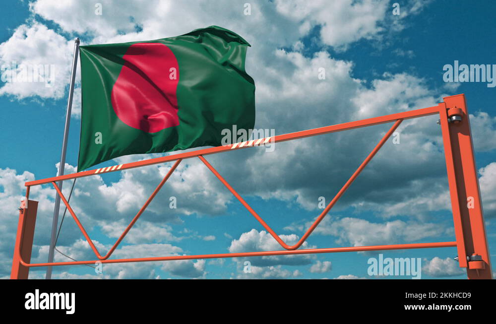 Swing arm road barrier and flag of Bangladesh, entry ban related 3d ...