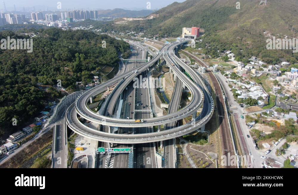 Traffic on a Massive highway interchange with multiple levels and loop ...