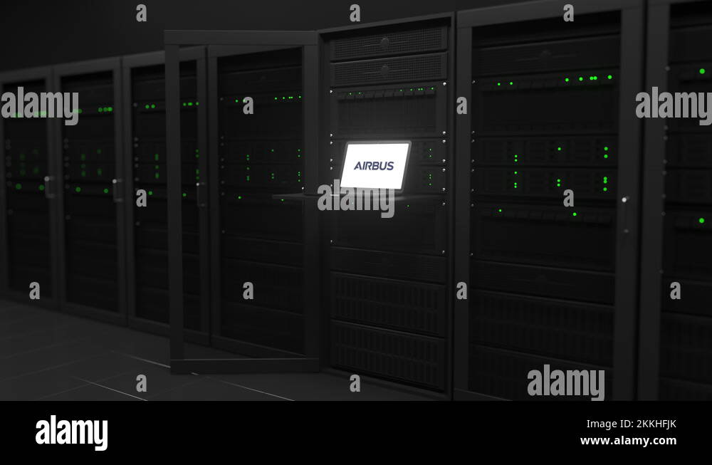 Laptop with the logo of AIRBUS on the screen in a server room ...