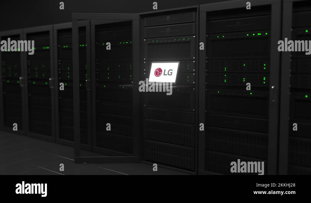 LG logo on the screen in a modern server room. Conceptual editorial 3d ...