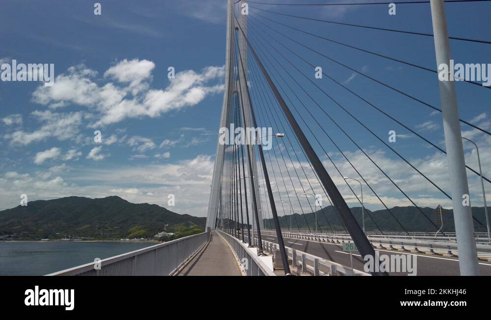 Tatara Bridge along Seto Inland Sea of Japan. Tilt Shot Along Cable ...