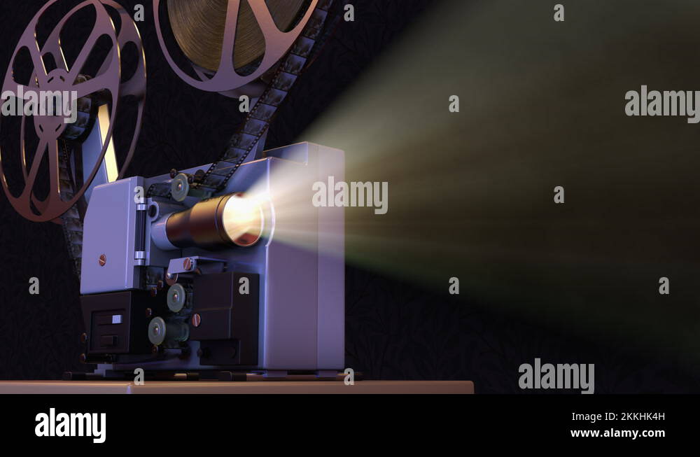 Movie projector with film reel plays the old retro video on projection ...