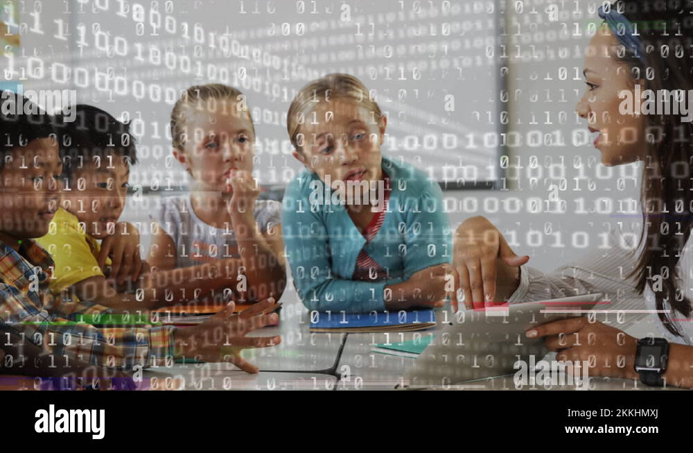 Binary coding data processing against female teacher teaching group of students Stock Video ...