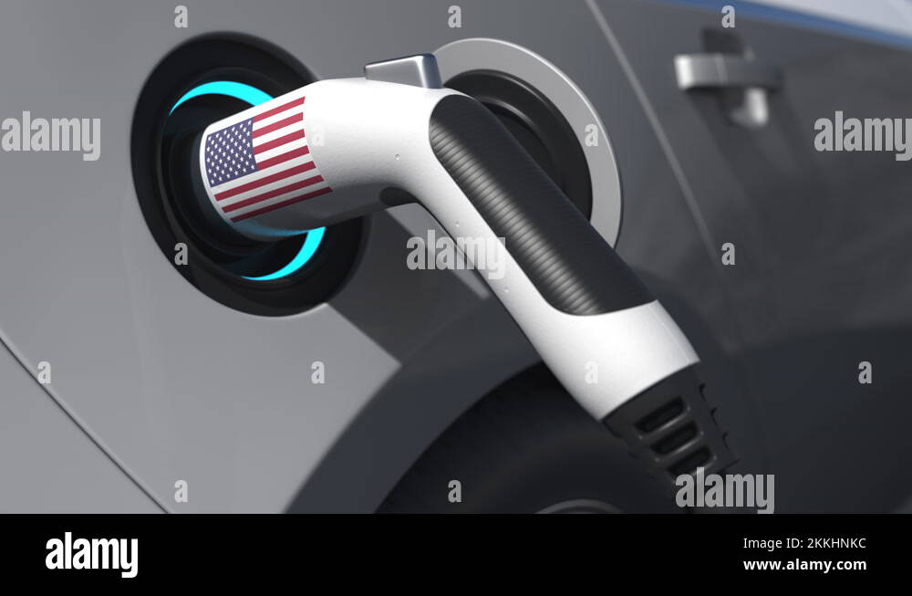 Flag of the USA on the charging plug in an electric car. Conceptual 3d ...
