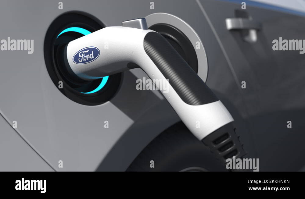 Electric car plug with FORD logo on it. Editorial conceptual 3d ...