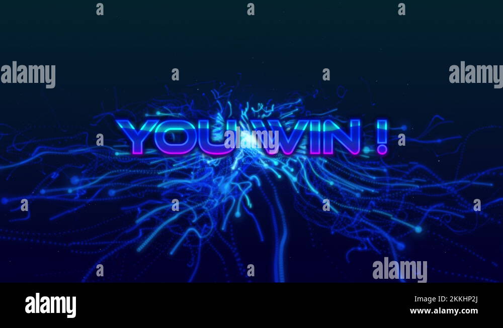 Animation of you win text in blue metallic letters over explosion of ...