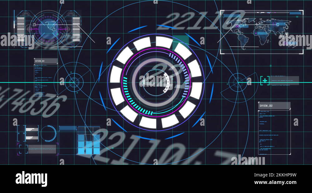 Animation of scope scanning and numbers changing over grid and world map in Stock Video Footage ...