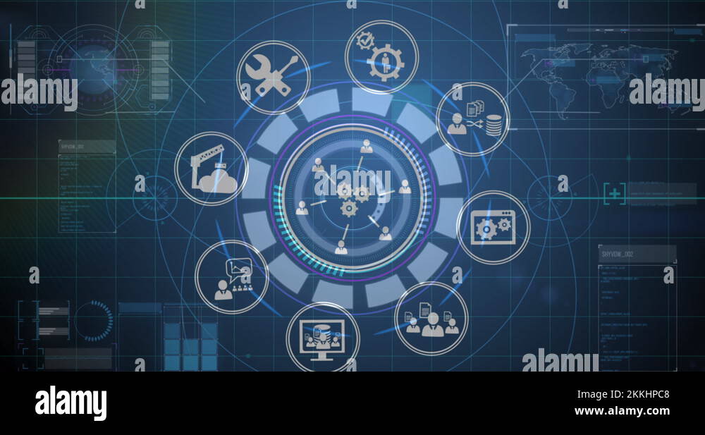 Animation of scope scanning, digital icons and data processing with world map in Stock Video ...