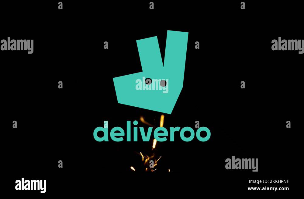 Deliveroo icon in fire sparks. Concept of popular food delivery service ...