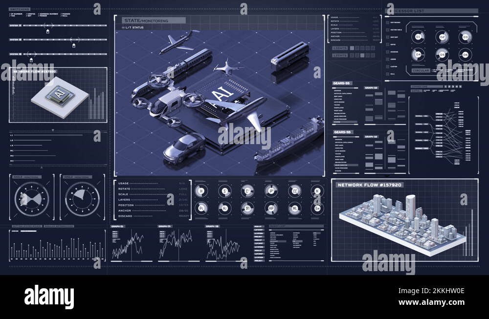 Future smart transportation controlled by AI cpu in user interface. 4k ...