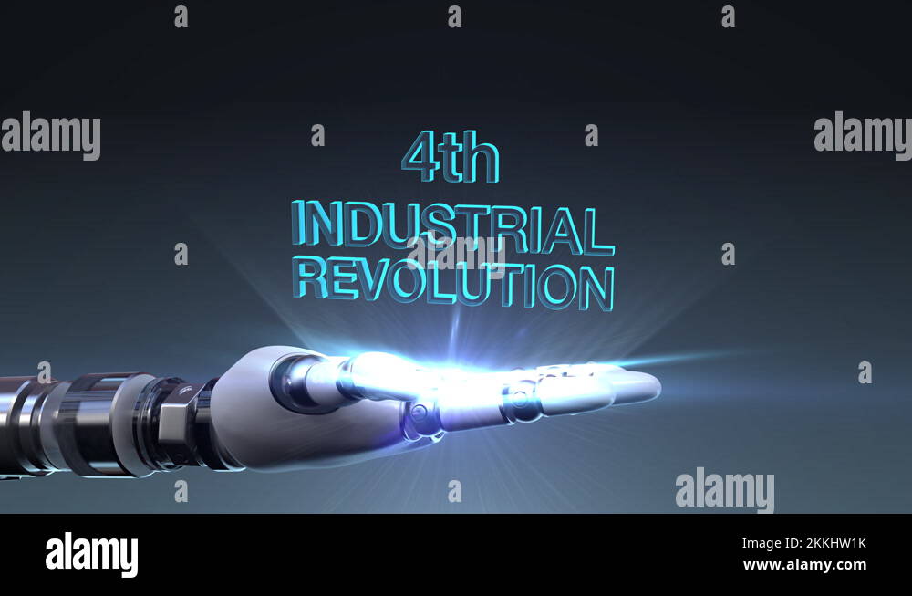 The robot arm spreads palm, '4th INDUSTRIAL REVOLUTION' rotates and ...