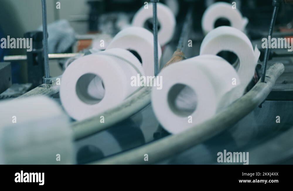 Toilet paper production line at a modern paper mill. Toilet roll ...