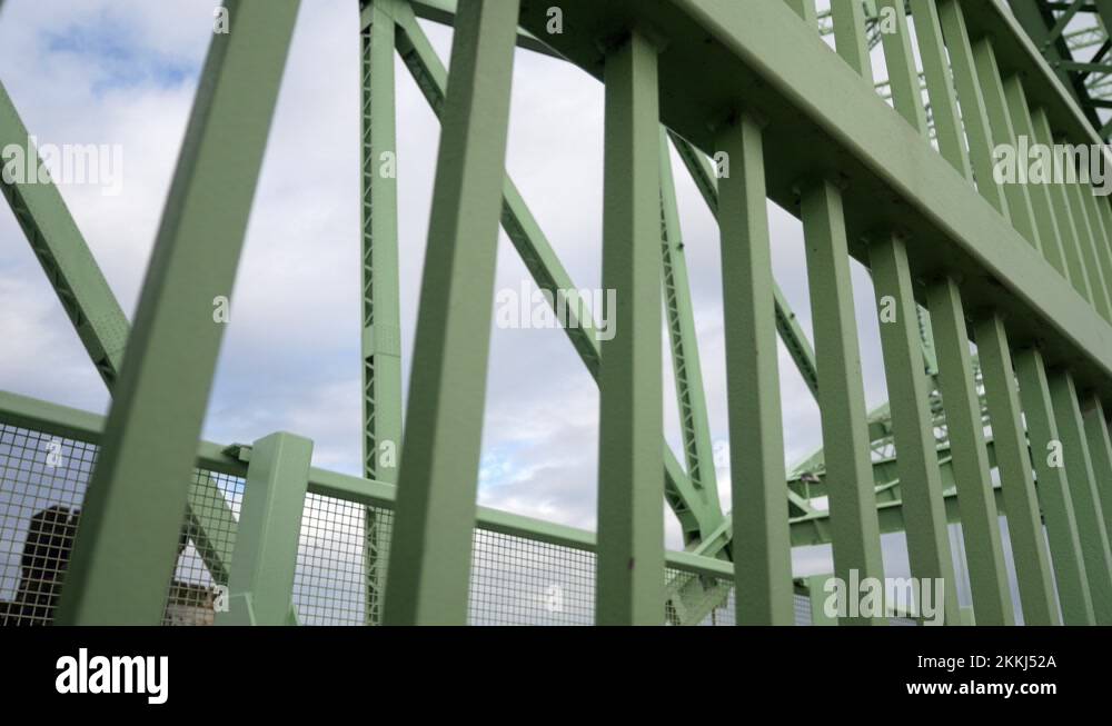 Industrial steel bridge strong girder beam support framework looking up ...