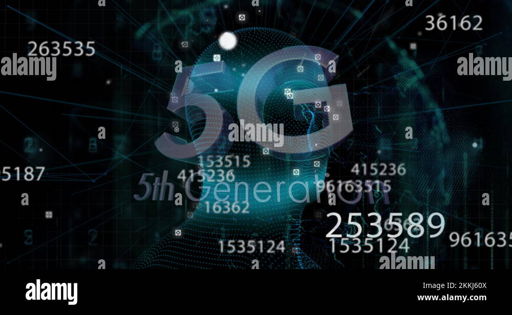 5g text and multiple changing numbers over human head model spinning against Stock Video Footage ...