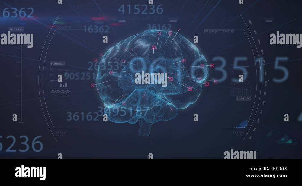 Multiple increasing numbers over spinning human brain against blue ...