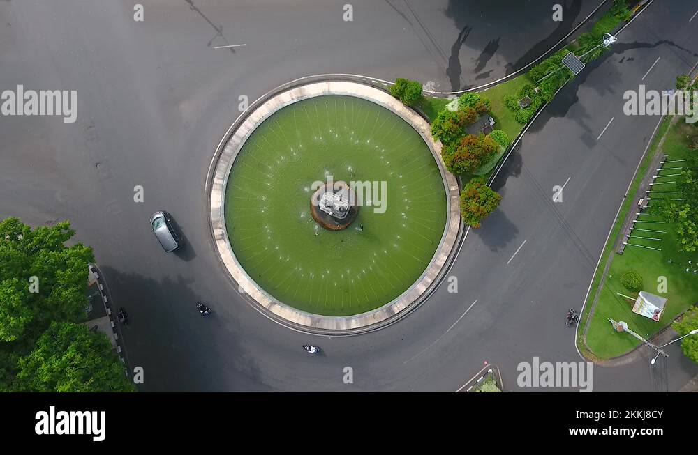 Circling directly above fountain on roundabout in Mataram city, Lombok ...