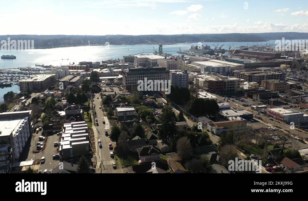 Cinematic drone panning footage of Bremerton, Manette, Sinclair Inlet ...