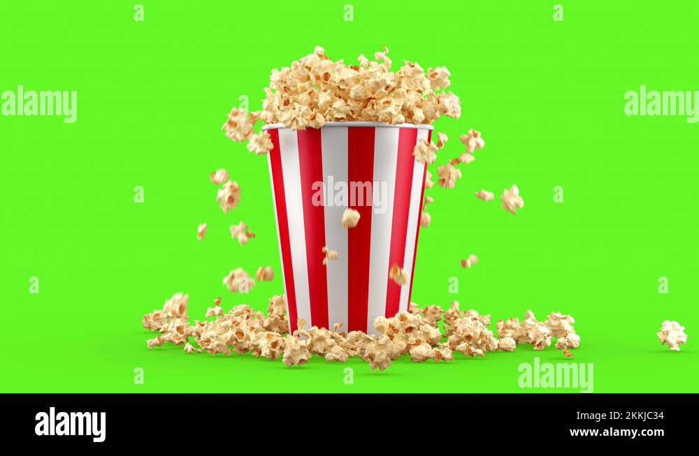 Popcorn falling out of a red-white striped bucket on a green background ...