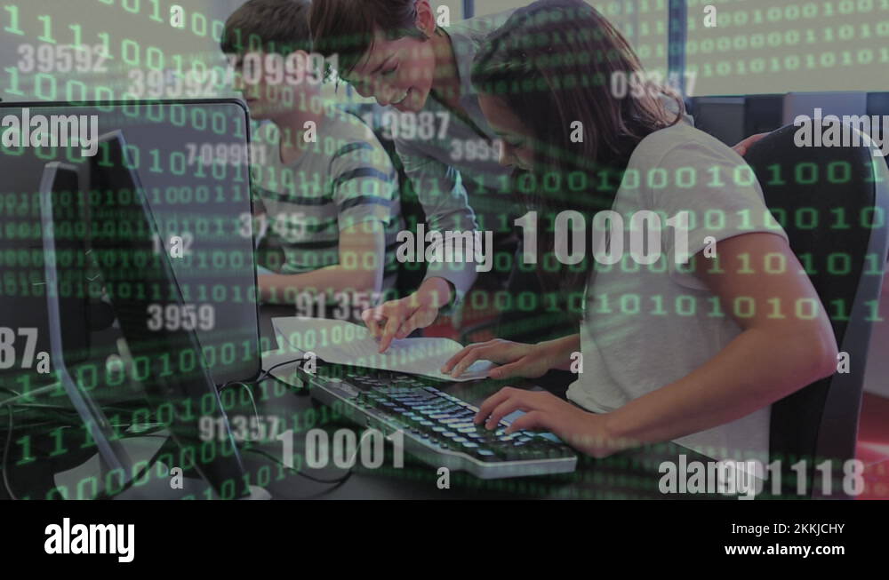 Binary coding data processing against group of college students using computers Stock Video ...